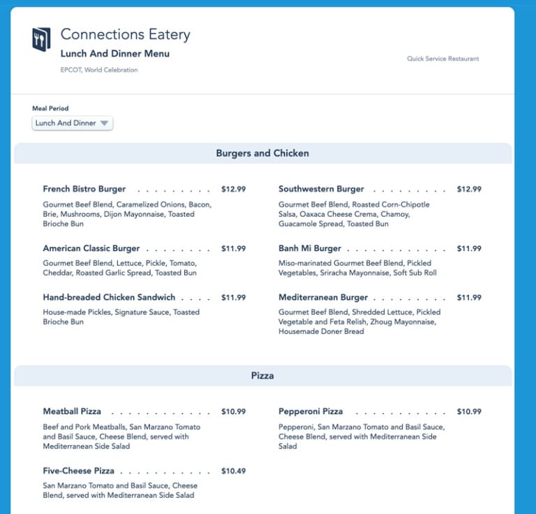 Menu for Connections Cafe & Eatery at Epcot - Disney Tourist Blog