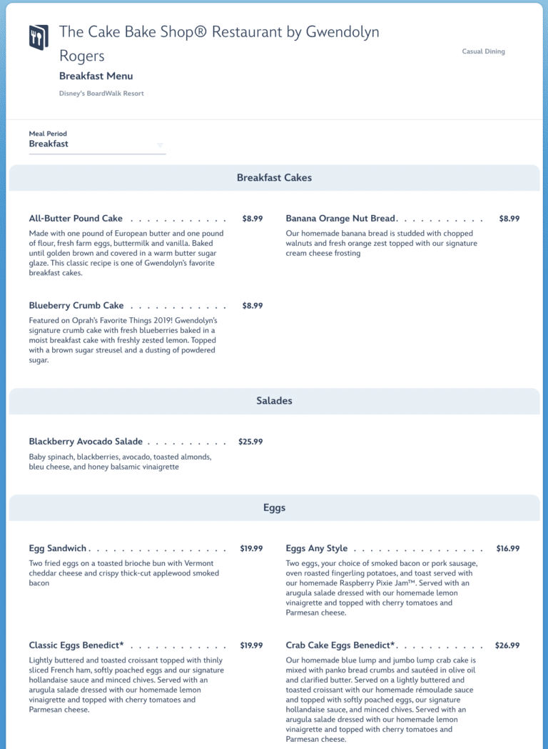 Cake Bake Shop Restaurant at Disney World: Full Menus w/ Prices ...