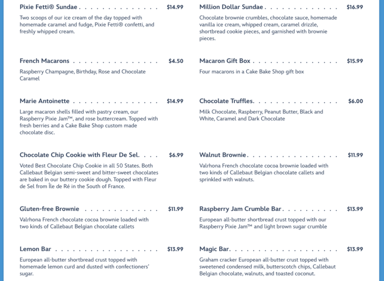 Cake Bake Shop Restaurant at Disney World: Full Menus w/ Prices ...